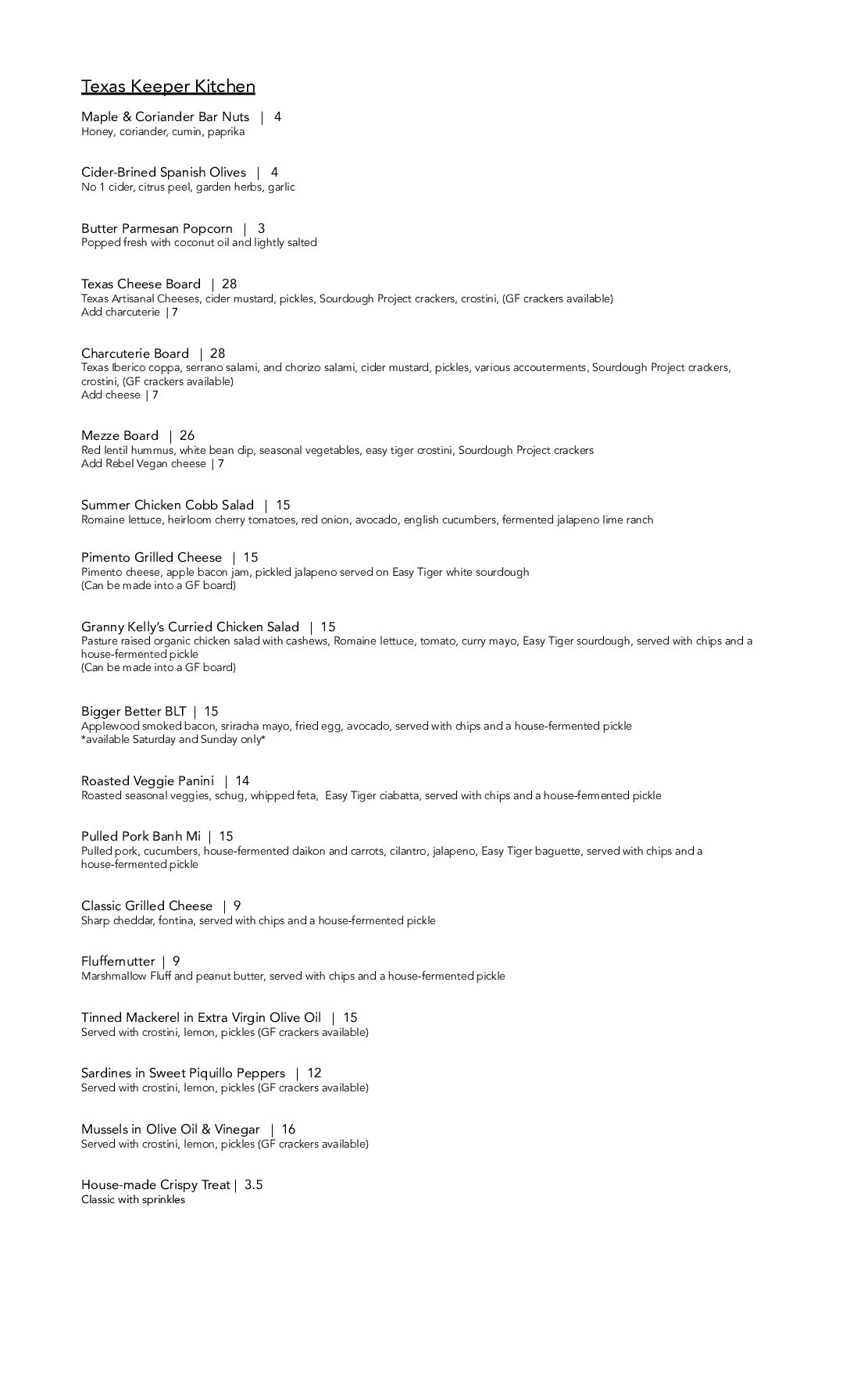 Food Menu - Texas Keeper Cider | Austin